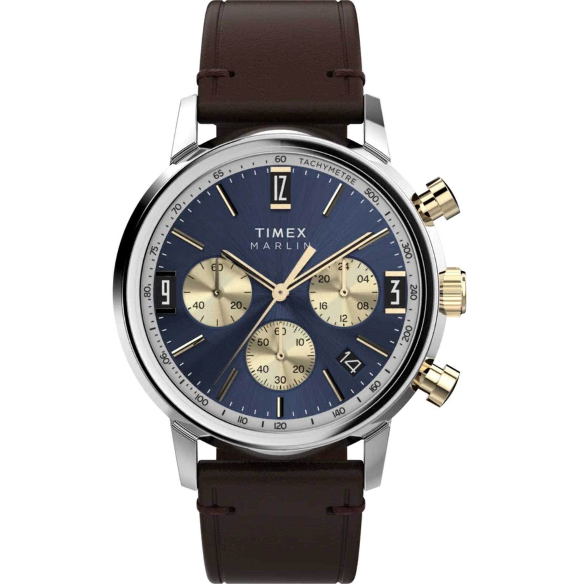 Timex Men's Watch - Marlin Chronograph Blue and Gold Dial Leather Strap ...