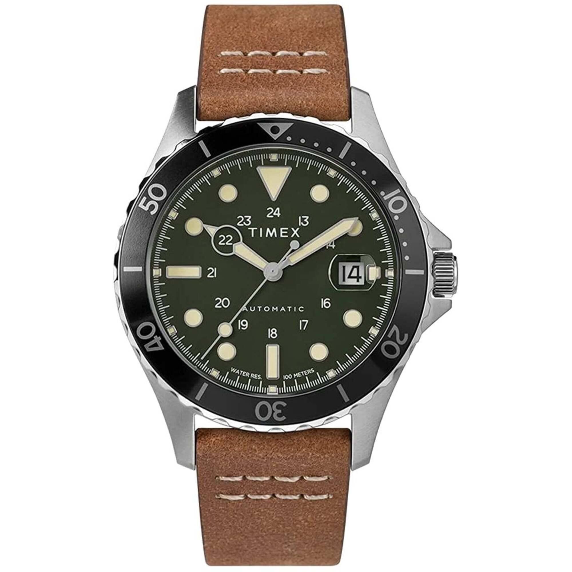 Timex Men's Watch - Navi XL Automatic Green Dial Brown Leather Strap ...