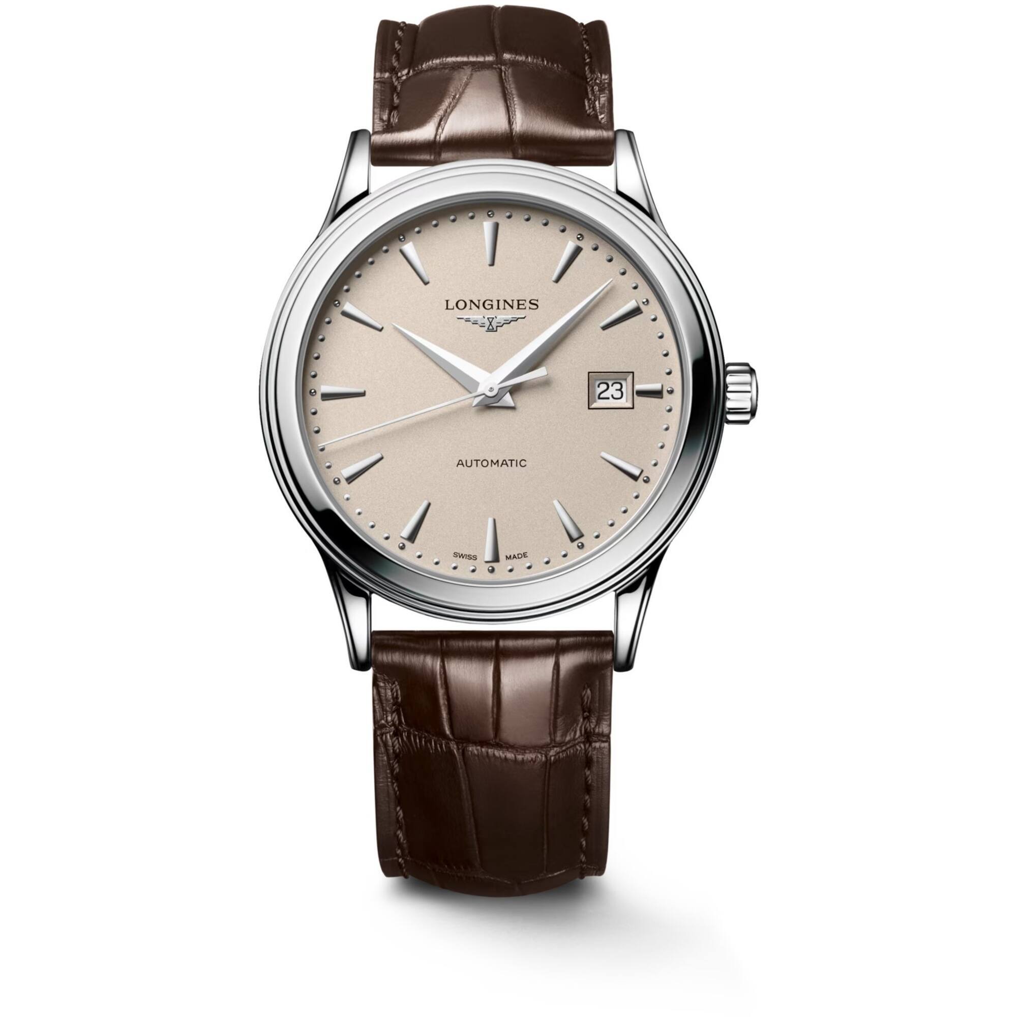 Longines Men's Watch - Flagship Automatic Beige Dial Brown Leather ...