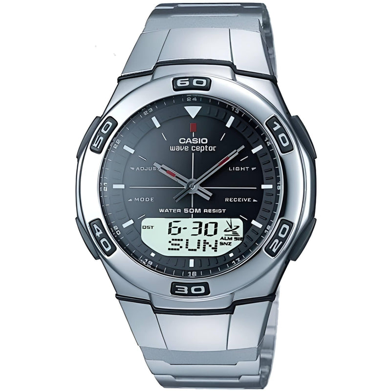 Casio Men's Watch - Wave Ceptor Black and Grey Analog-Digital Dial ...