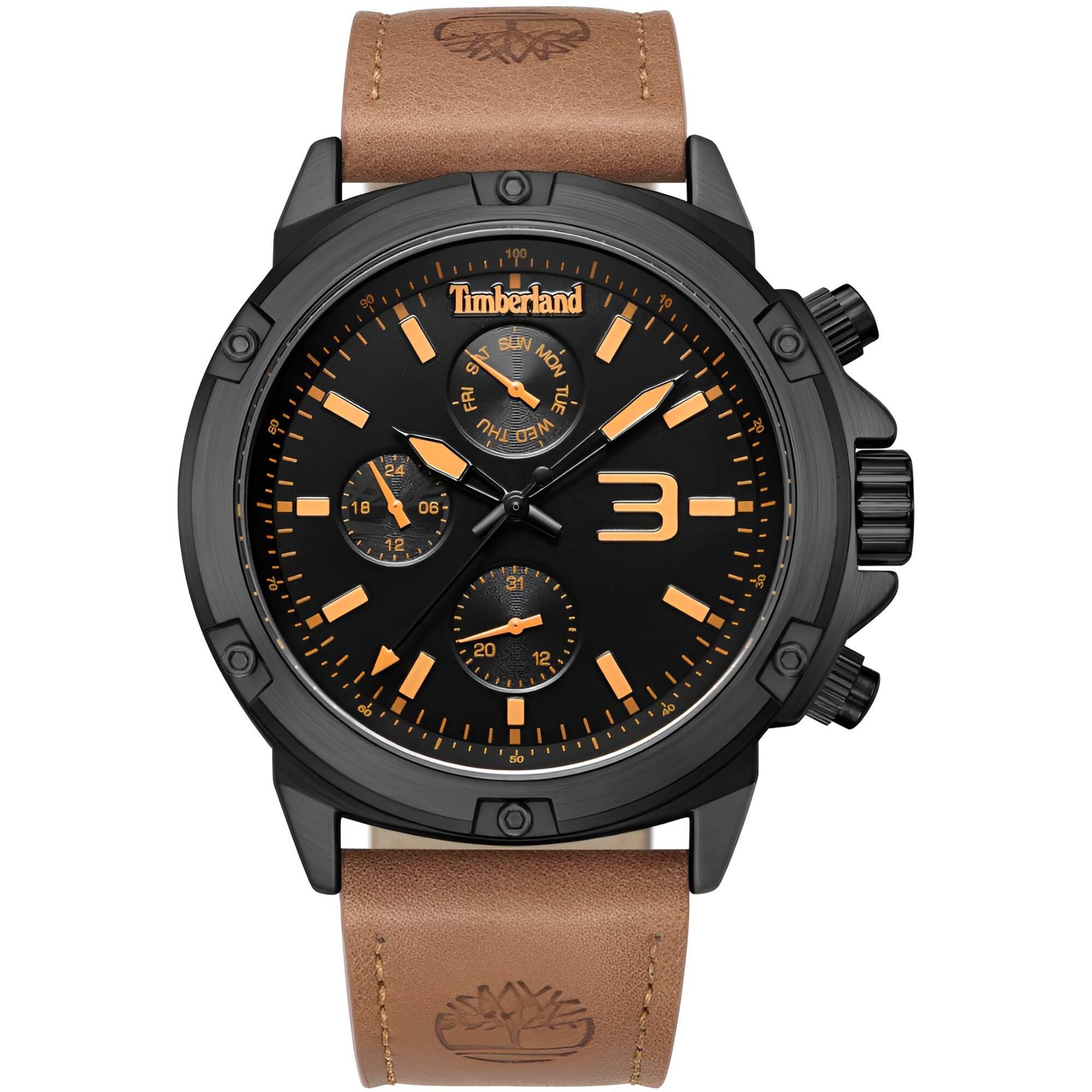 Timberland Men's Watch - Dress Sport Black Dial Brown Strap Day-Date ...