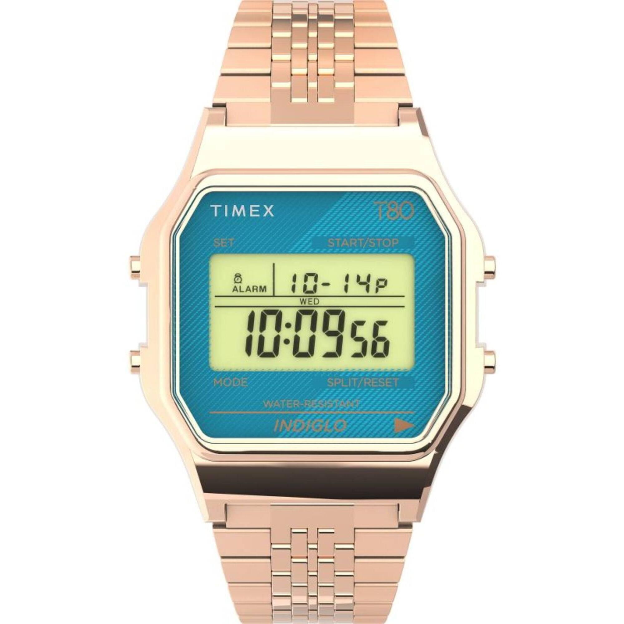 Timex Unisex Watch - T80 Blue Digital Dial Rose Gold Tone Bracelet ...