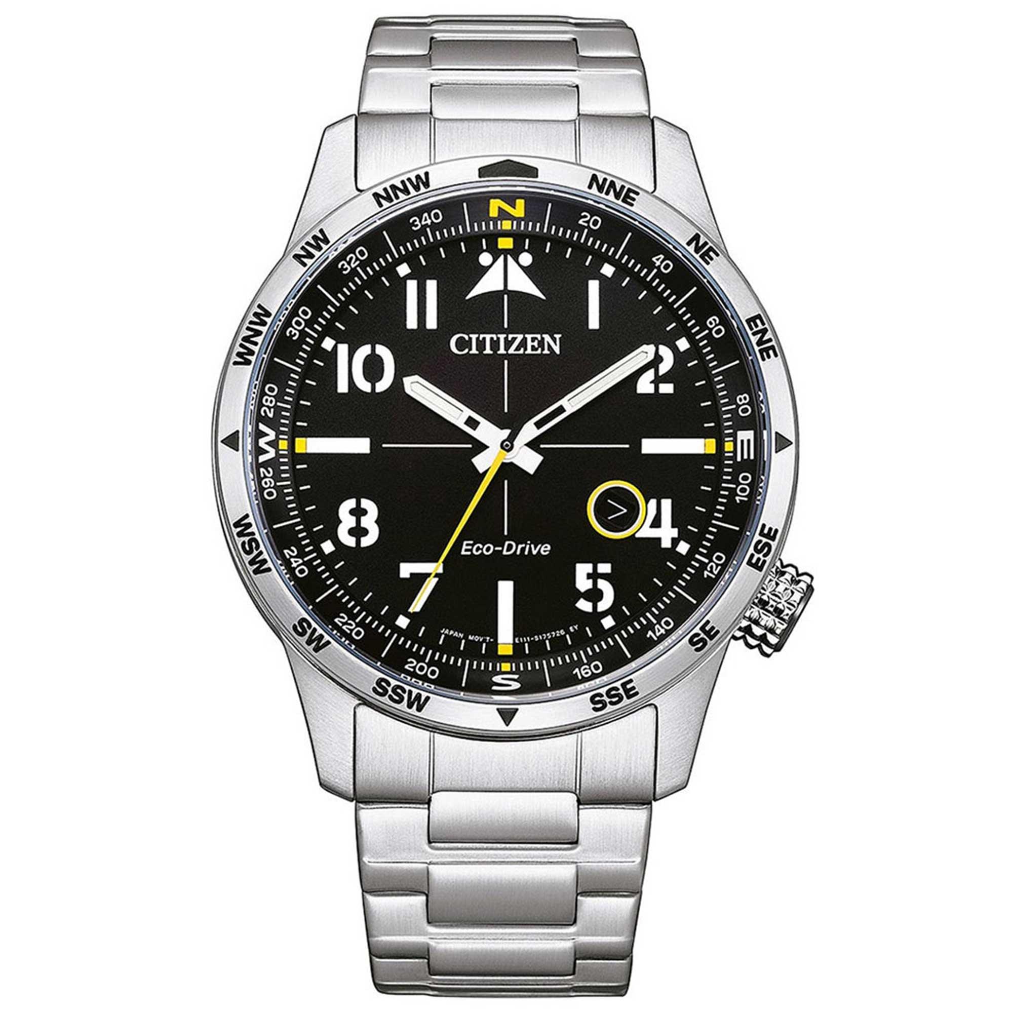 Citizen Men's Watch - Eco-Drive Black Dial Silver Tone Bracelet Compas