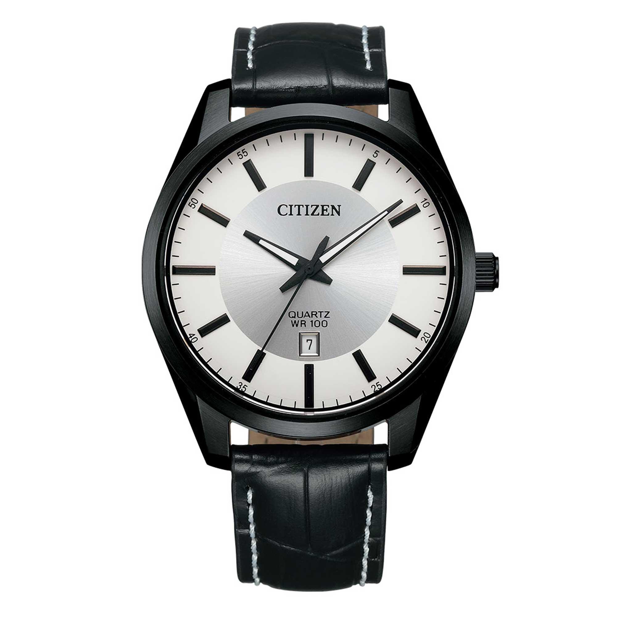 Citizen Men's Watch - Japanese Quartz Silver Dial Black Leather Strap ...