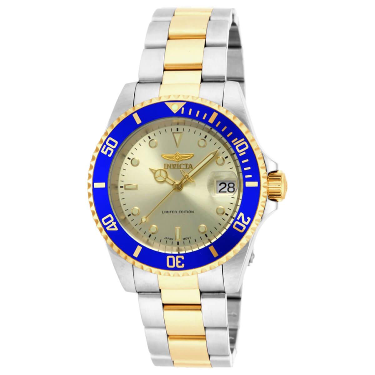 Invicta Men's Automatic Watch - Pro Diver Blue Bezel Gold Tone Dial