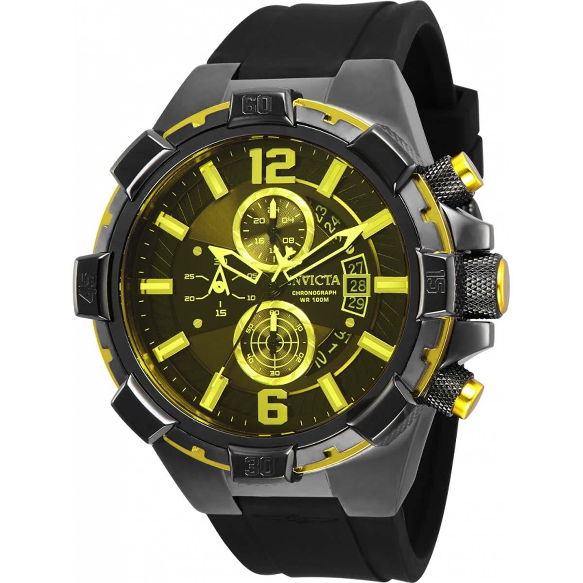 Invicta Men's Chronograph Watch - Aviator Black and Yellow Bezel Rubbe