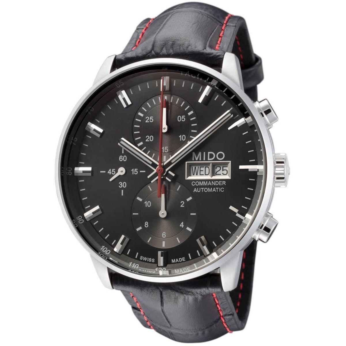 Mido Men's Chrono Watch - Commander II Black Dial Black Leather Strap