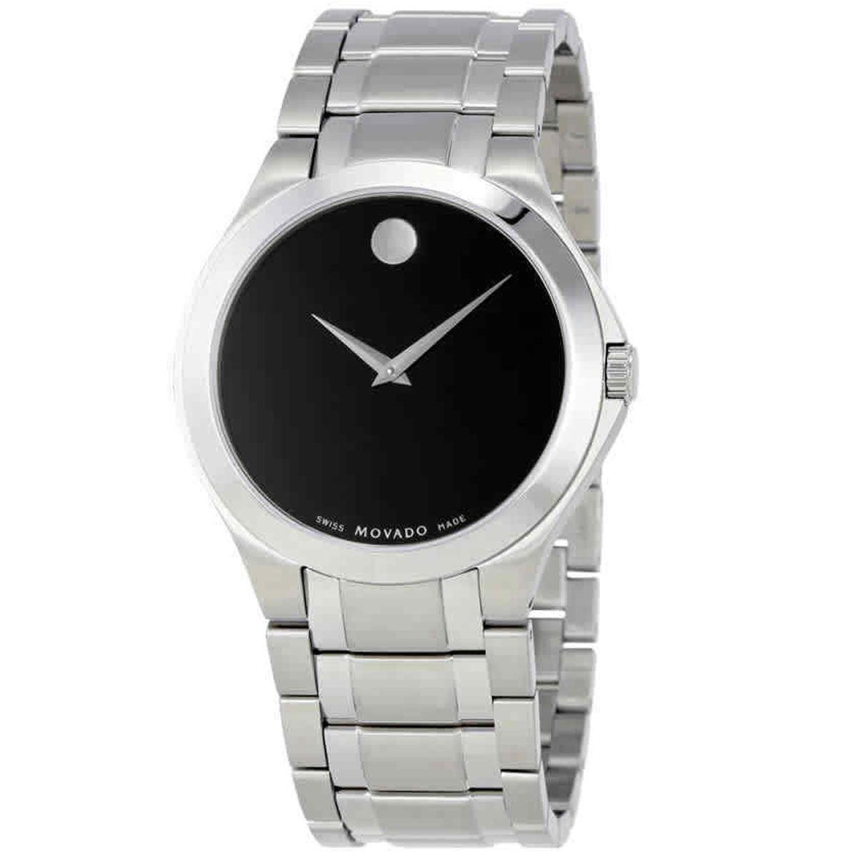 Movado Men's Quartz Watch - Round Black Dial Silver Stainless Steel ...