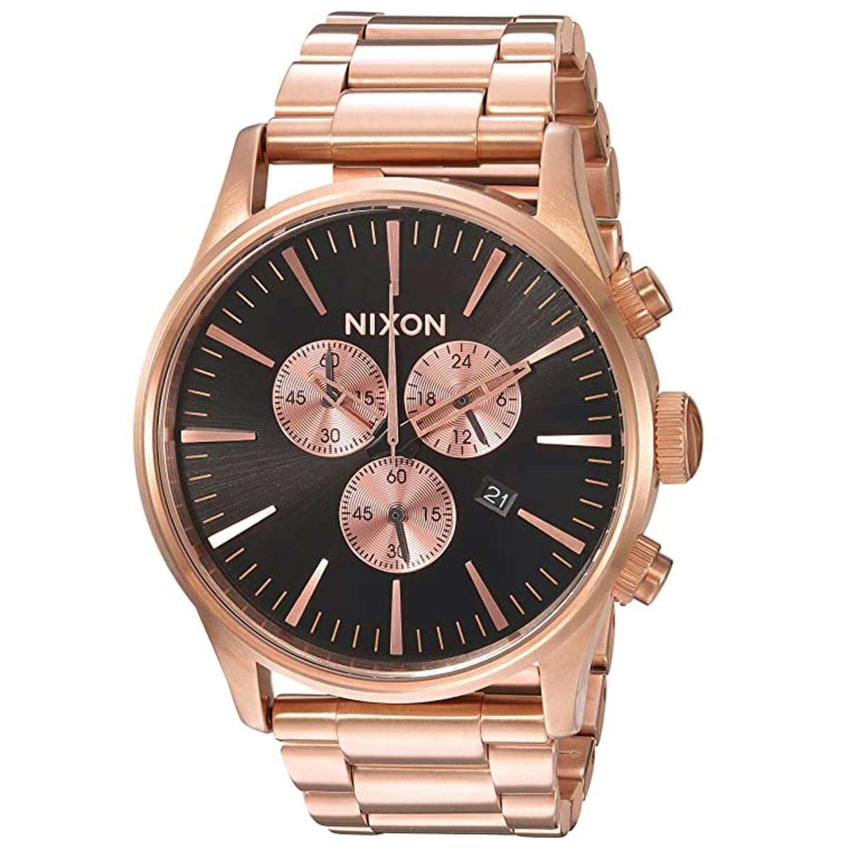 Nixon Men's Quartz Watch - Sentry Chrono Black and Rose Gold Dial Brac