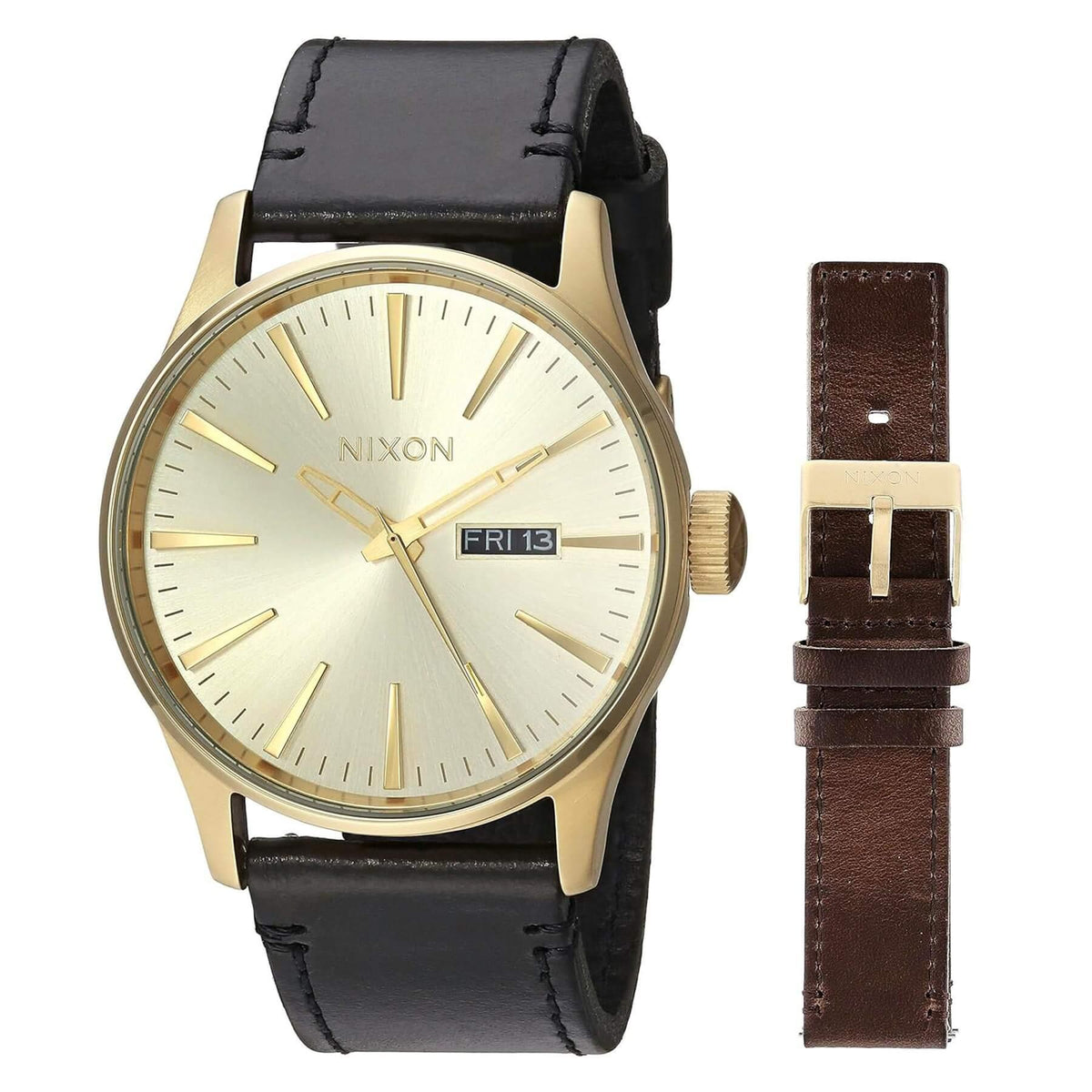Nixon Men's Watch - Sentry Day-Date Gold Tone Dial Brown Leather Strap ...