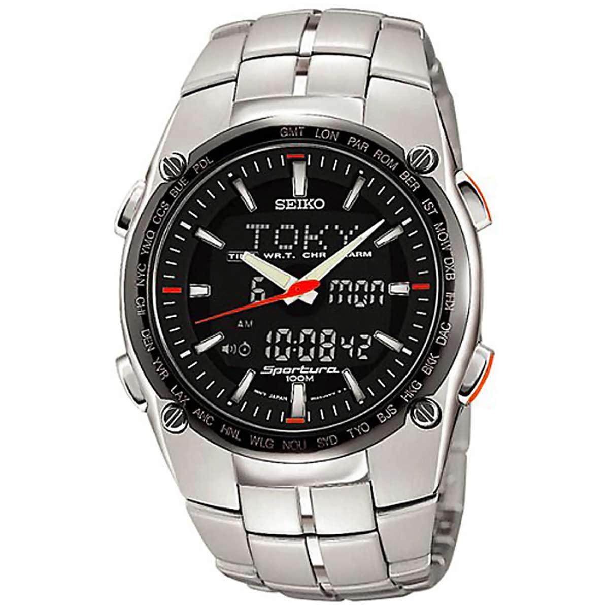 Seiko SNJ005 Men's Sportura GMT Ana-Digi Black Dial Steel Bracelet ...