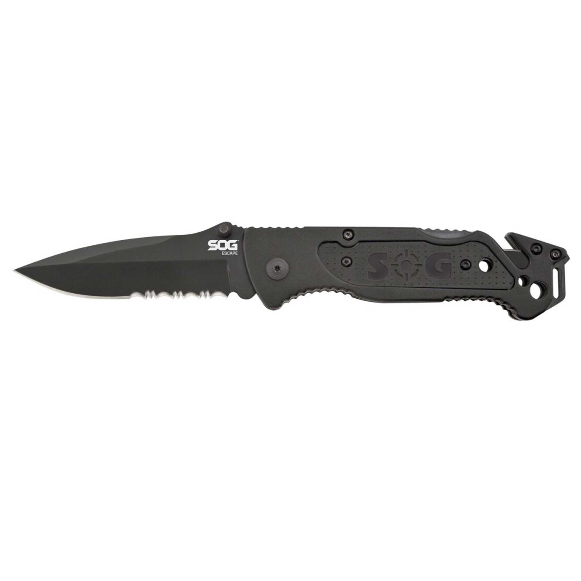 SOG Folding Knife - Escape Black Partially Serrated Clip Point Steel B