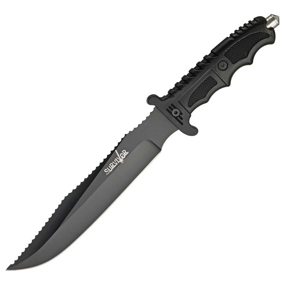 Survivor Knife - Black Finish Fixed Steel Blade with Finger Grooved Ha