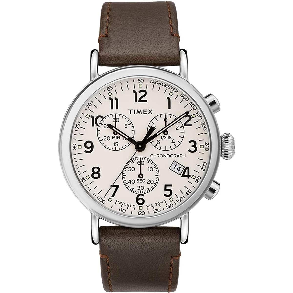 Timex Men's Chronograph Watch - Standard Cream Dial Leather Strap | TW