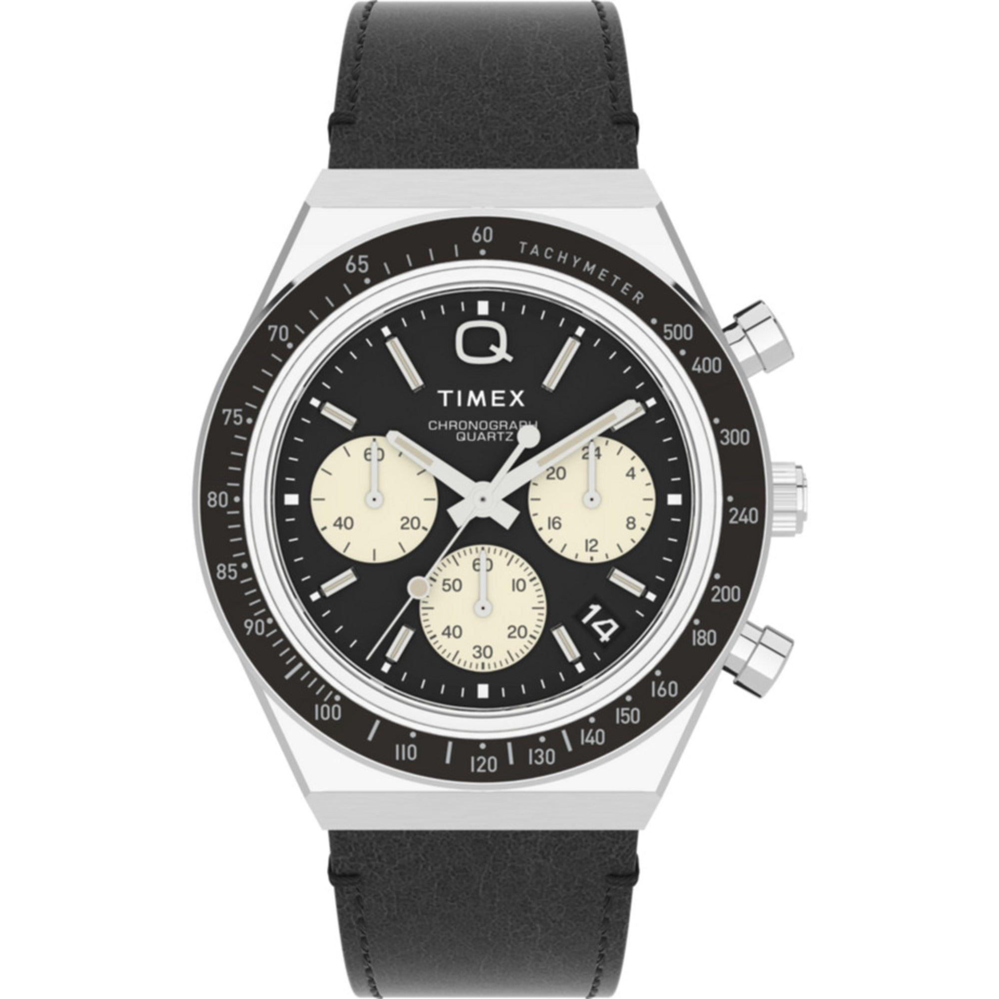 Timex Men's Watch - Q Chronograph Rotating Bezel Black Leather Strap