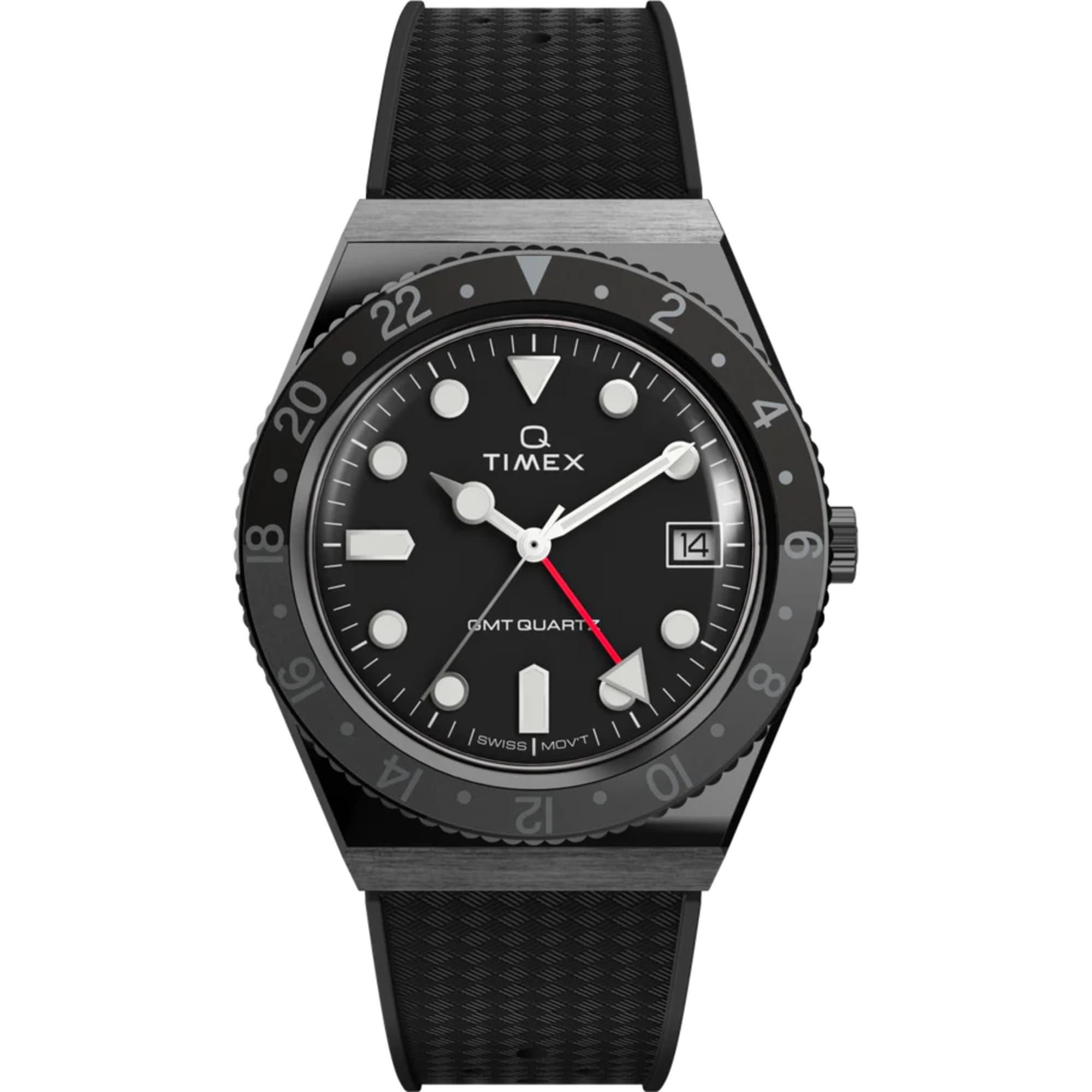 Timex Men's Watch - Q GMT Quartz Black Dial Synthetic Rubber Strap Date ...