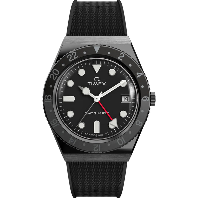 Timex Men's Watch - Q GMT Quartz Black Dial Synthetic Rubber Strap Date ...