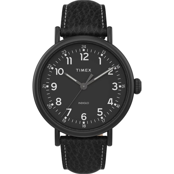 Timex Men's Watch - Standard Black Indiglo Light-Up Dial Leather Strap ...