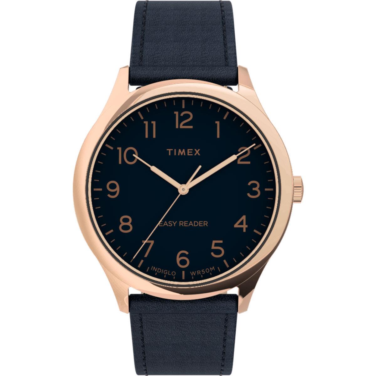 Timex Unisex Quartz Watch - Easy Reader Blue Dial Leather Strap | TW2U